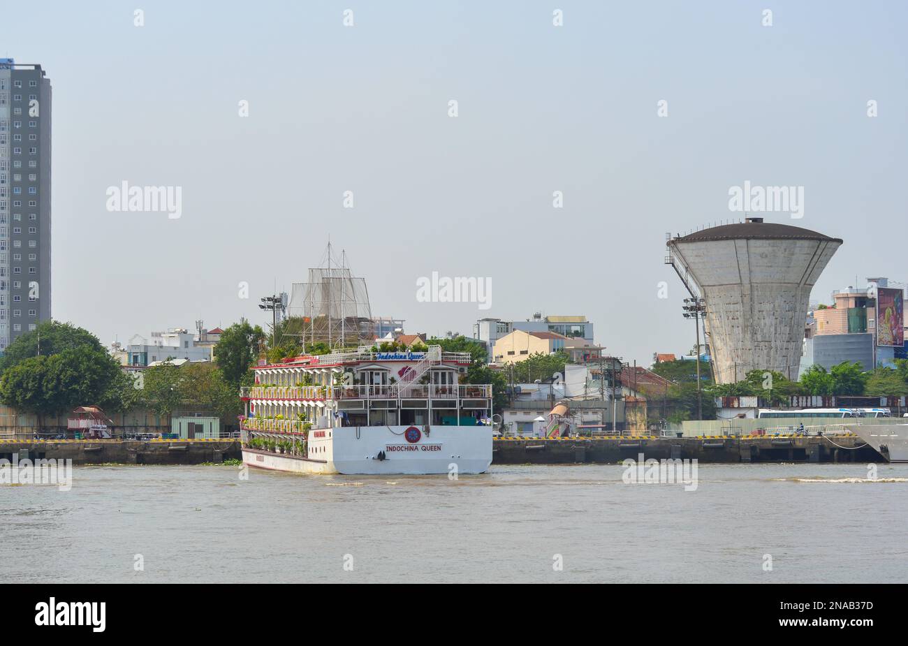 Saigon, Vietnam - Feb 11, 2023. Yacht boat docking on Saigon River ...