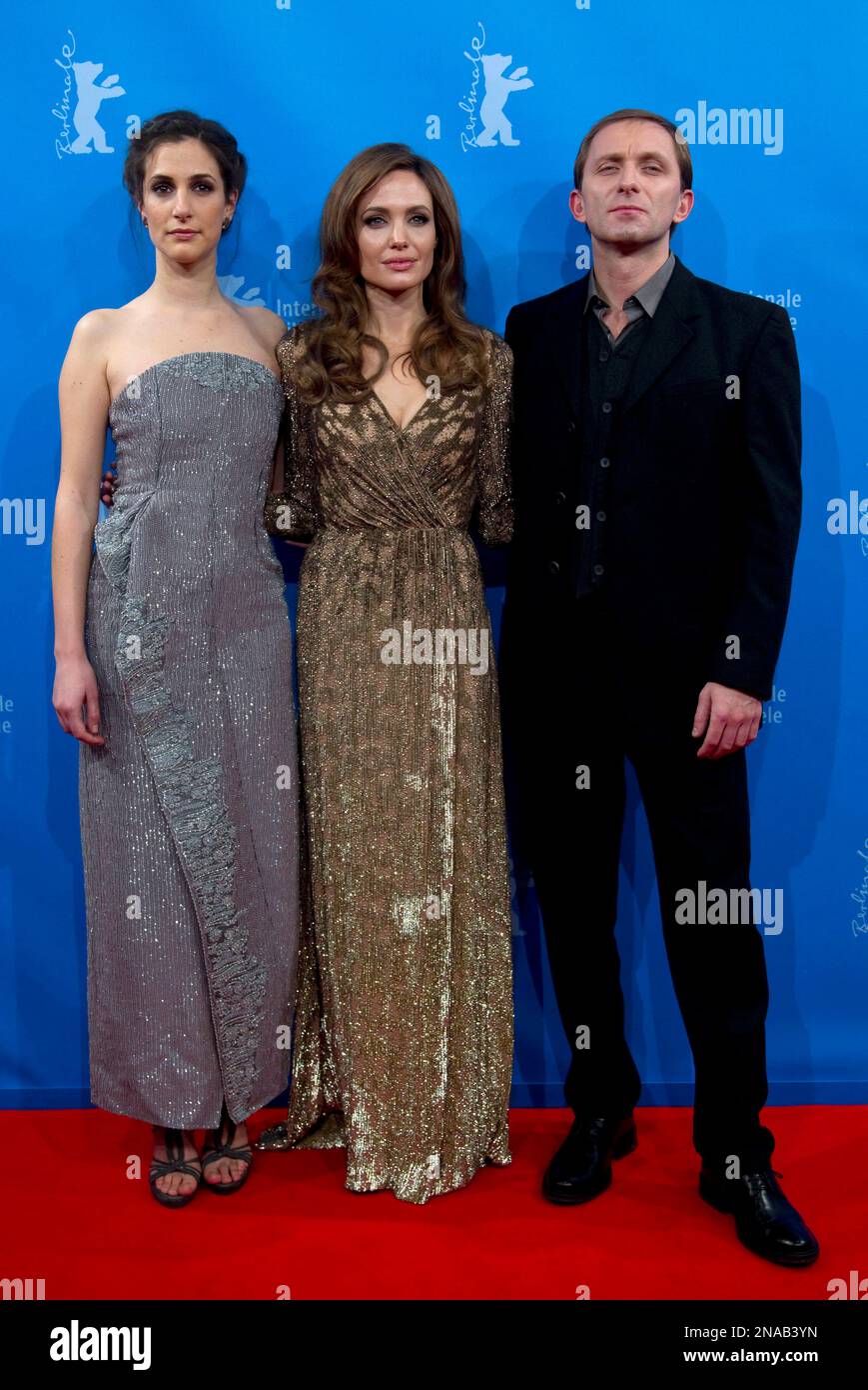 U.S. director and actress Angelina Jolie, center, Bosnian actor Goran ...