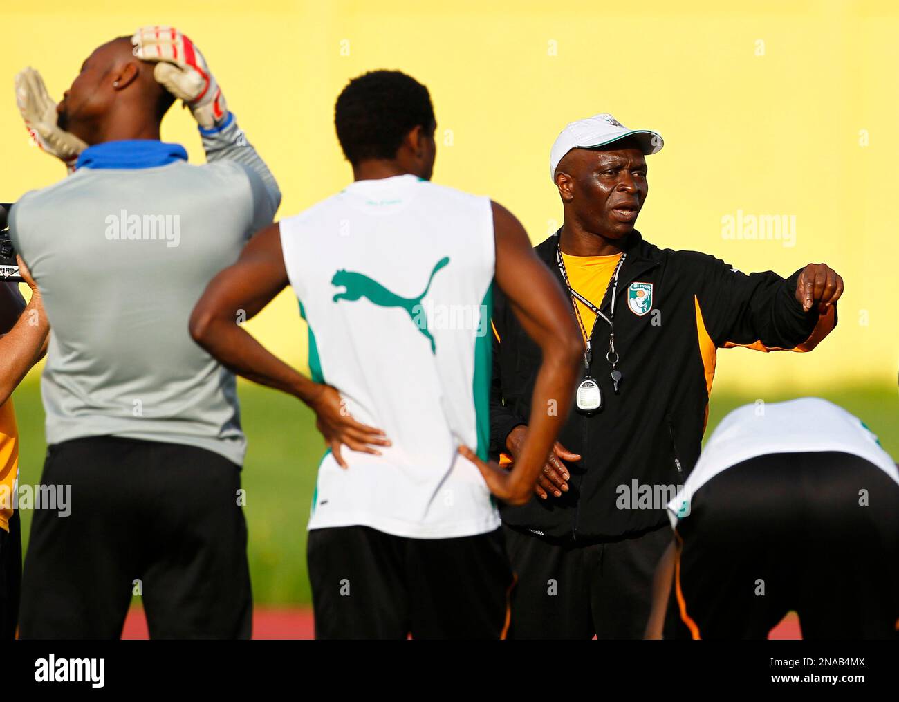 Ivory Coast coach Francois Zahoui attends a training session on the eve ...