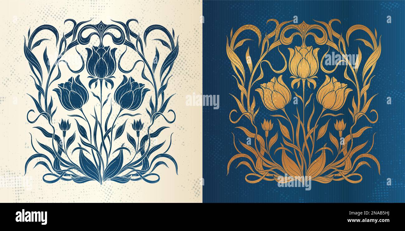 Frame with a gold tulip in the style of Art Nouveau. Beautiful tulip ...