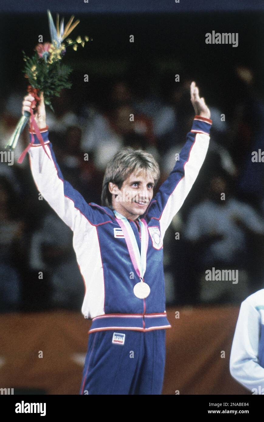 American wrestler Randy Lewis on the podium after winning the gold ...