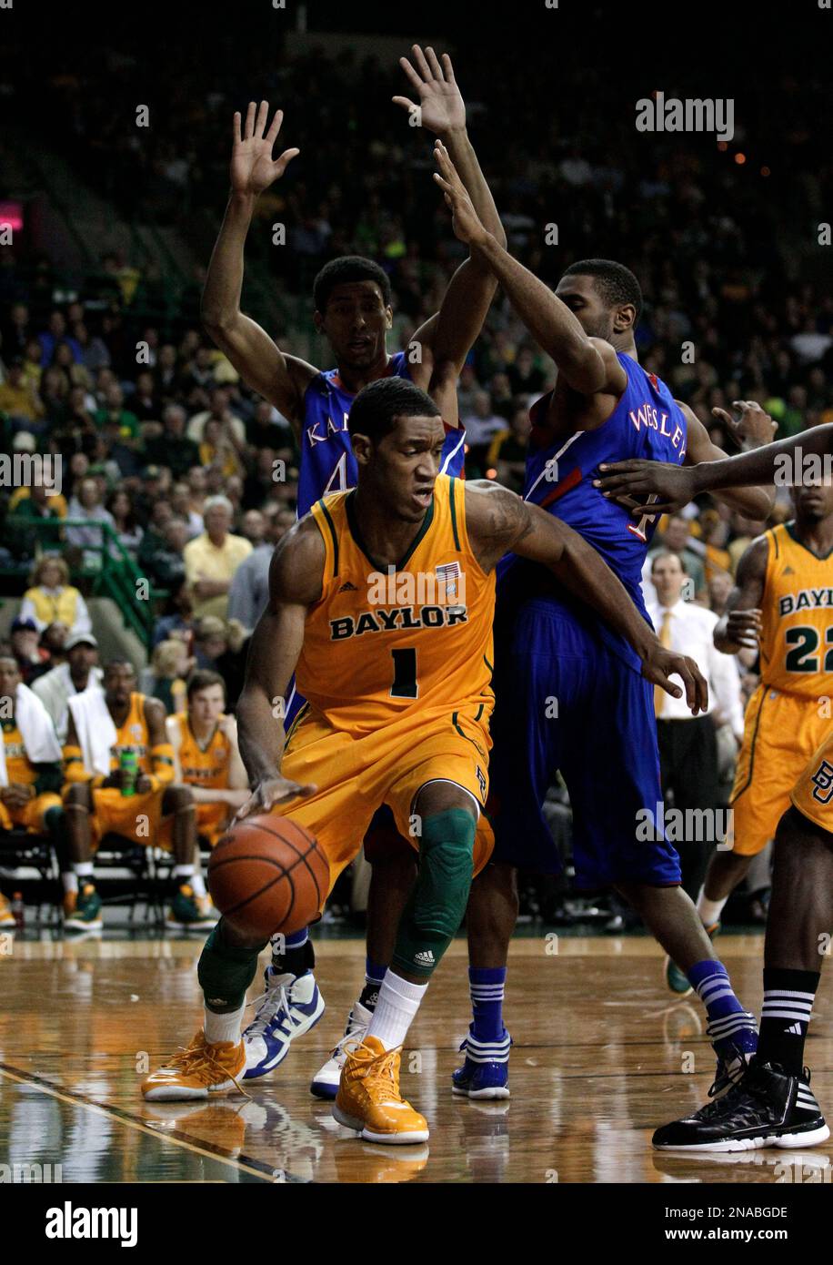 Baylor forward Perry Jones III (1) looks for an opening against Kansas ...