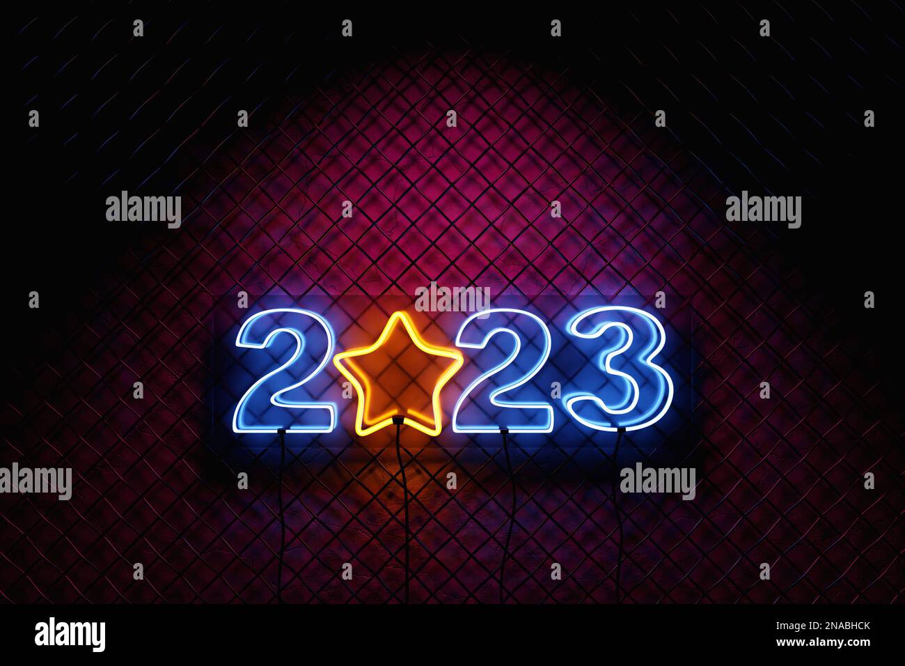Calendar header neon number 2023 on mesh wall background. Happy neon ...