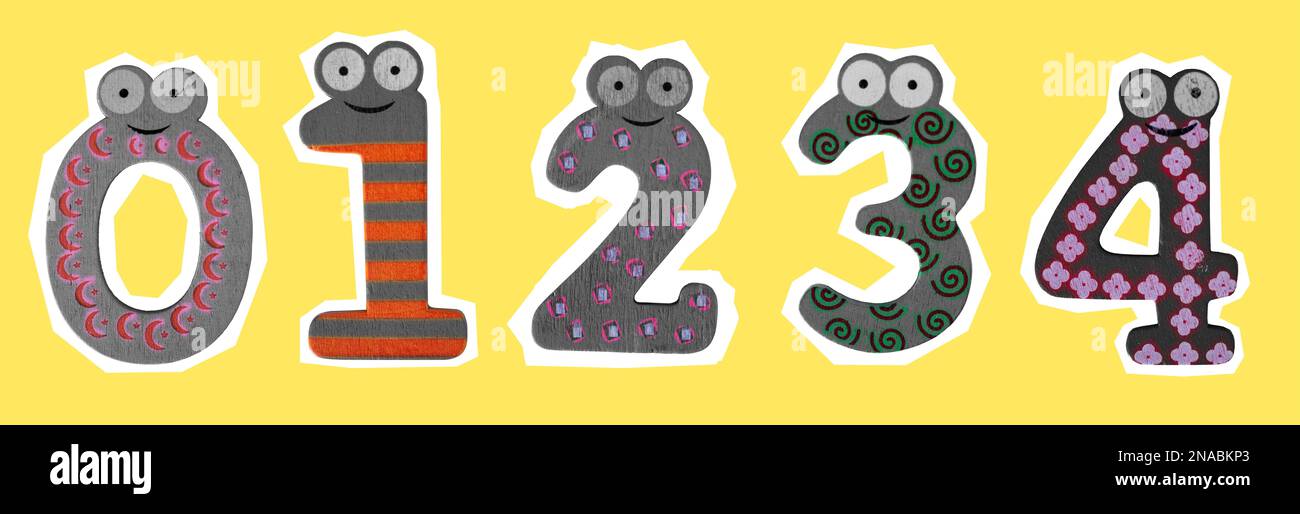 Collage of numbers from zero to four or 0-4 with eyes, collage art on ...