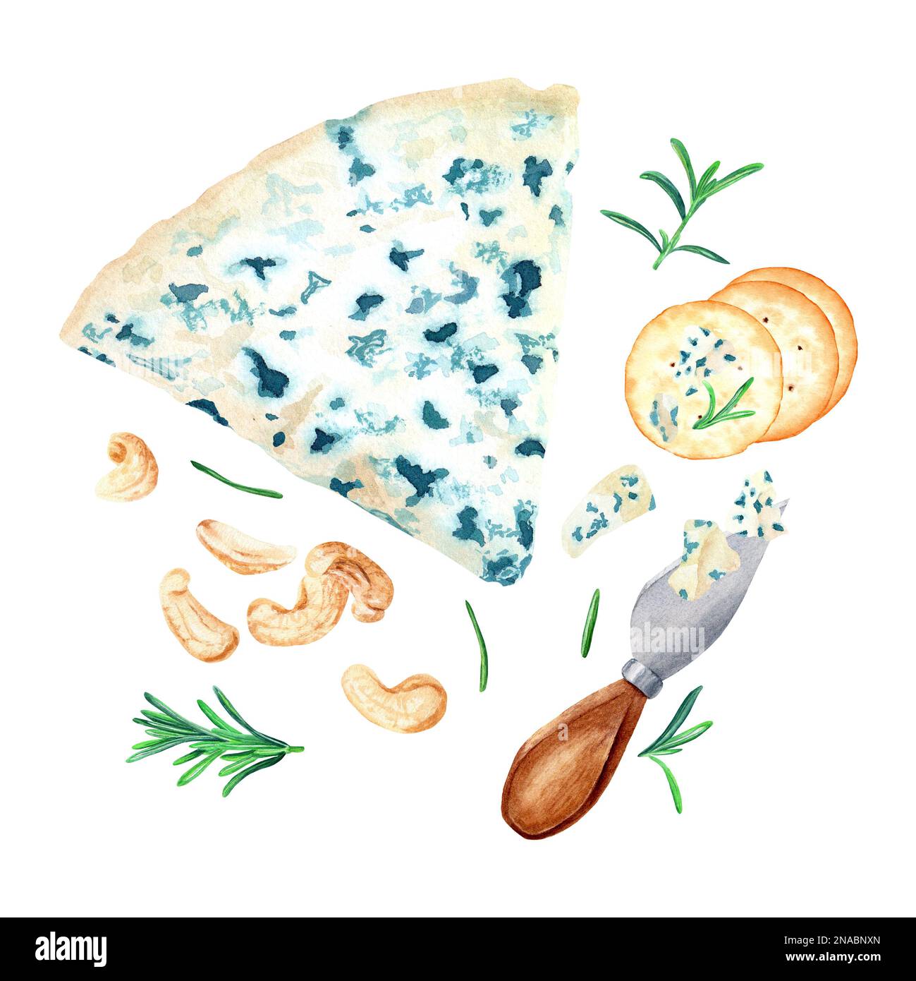 Blue sheese triangle, crecers, nuts, cheese knife and herbs composition ...