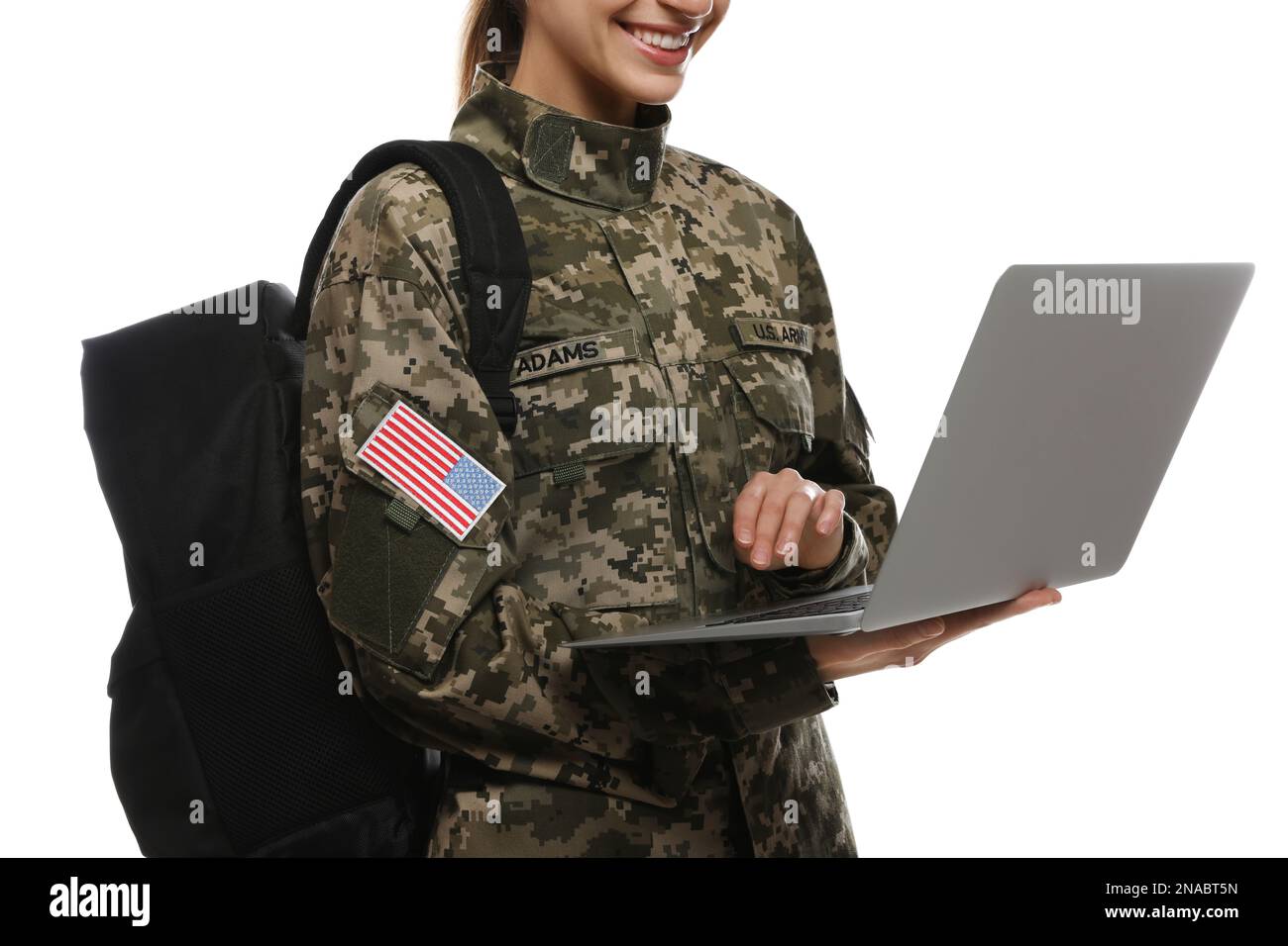 Female cadet with backpack and laptop on white background, closeup ...