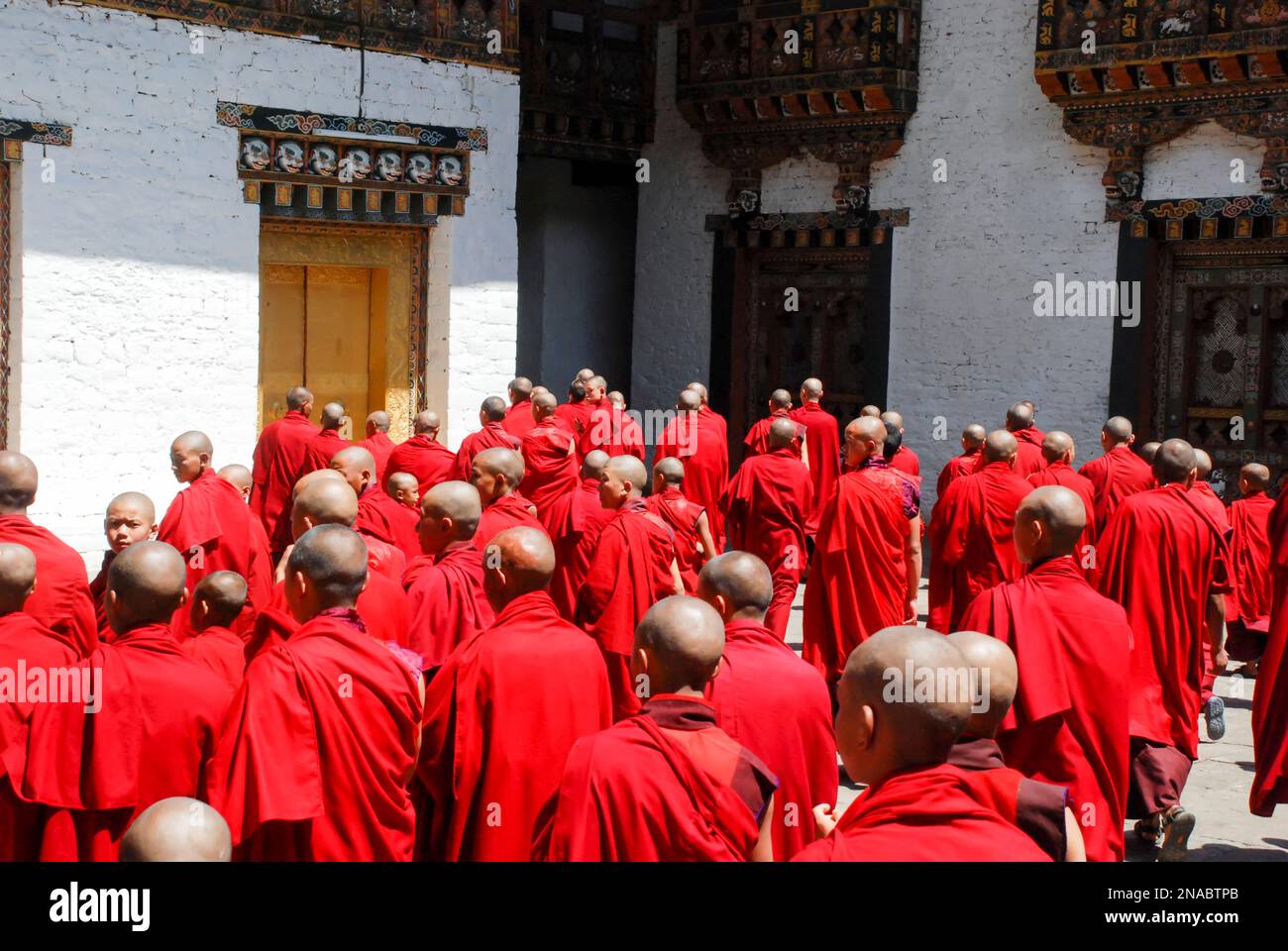 Buddhist monks gather after prayer in the Punakha Dzong of Punakha ...