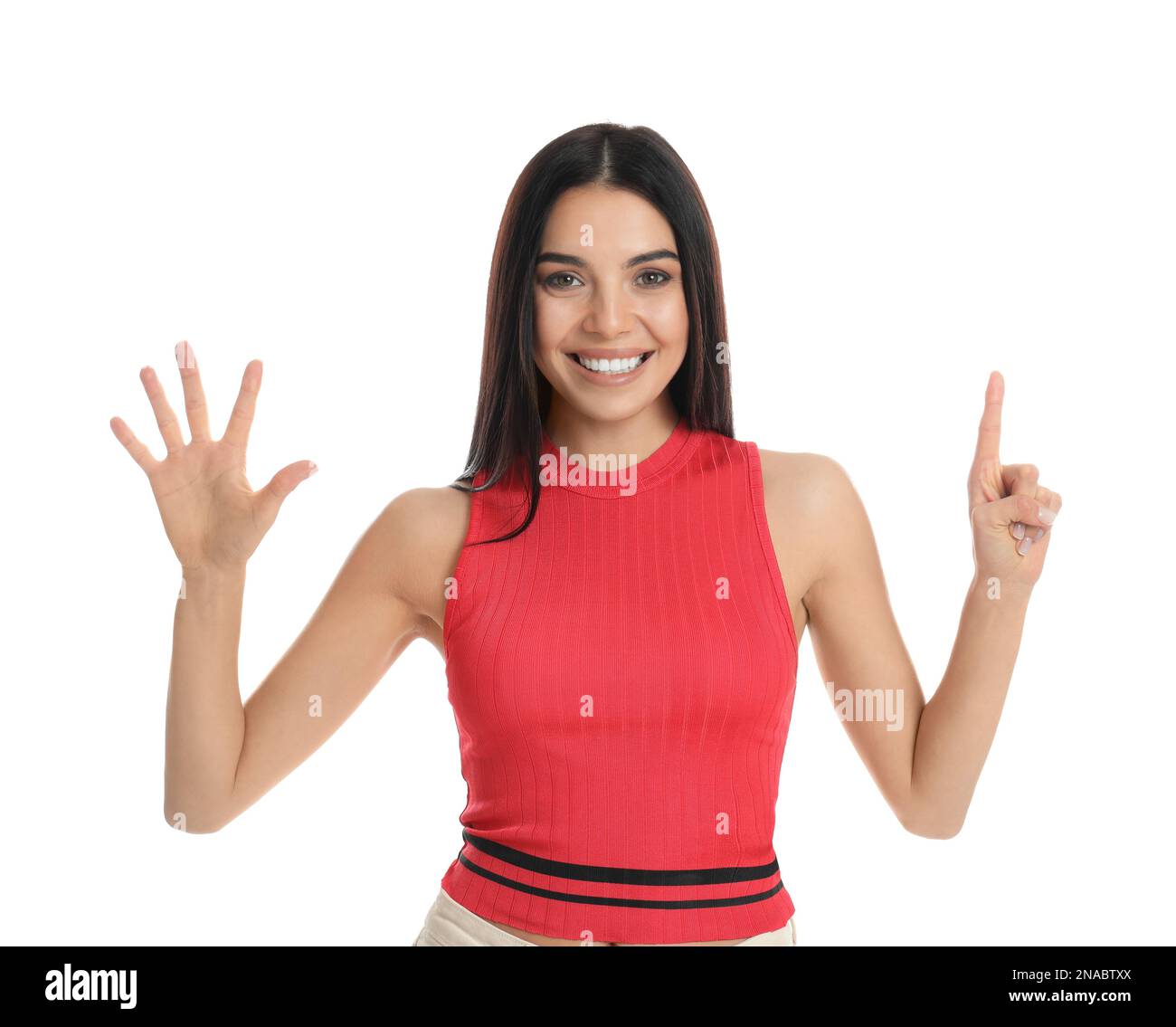 Woman showing number six with her hands on white background Stock Photo ...