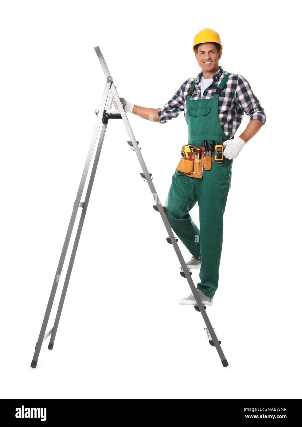 Professional builder on metal ladder against white background Stock ...