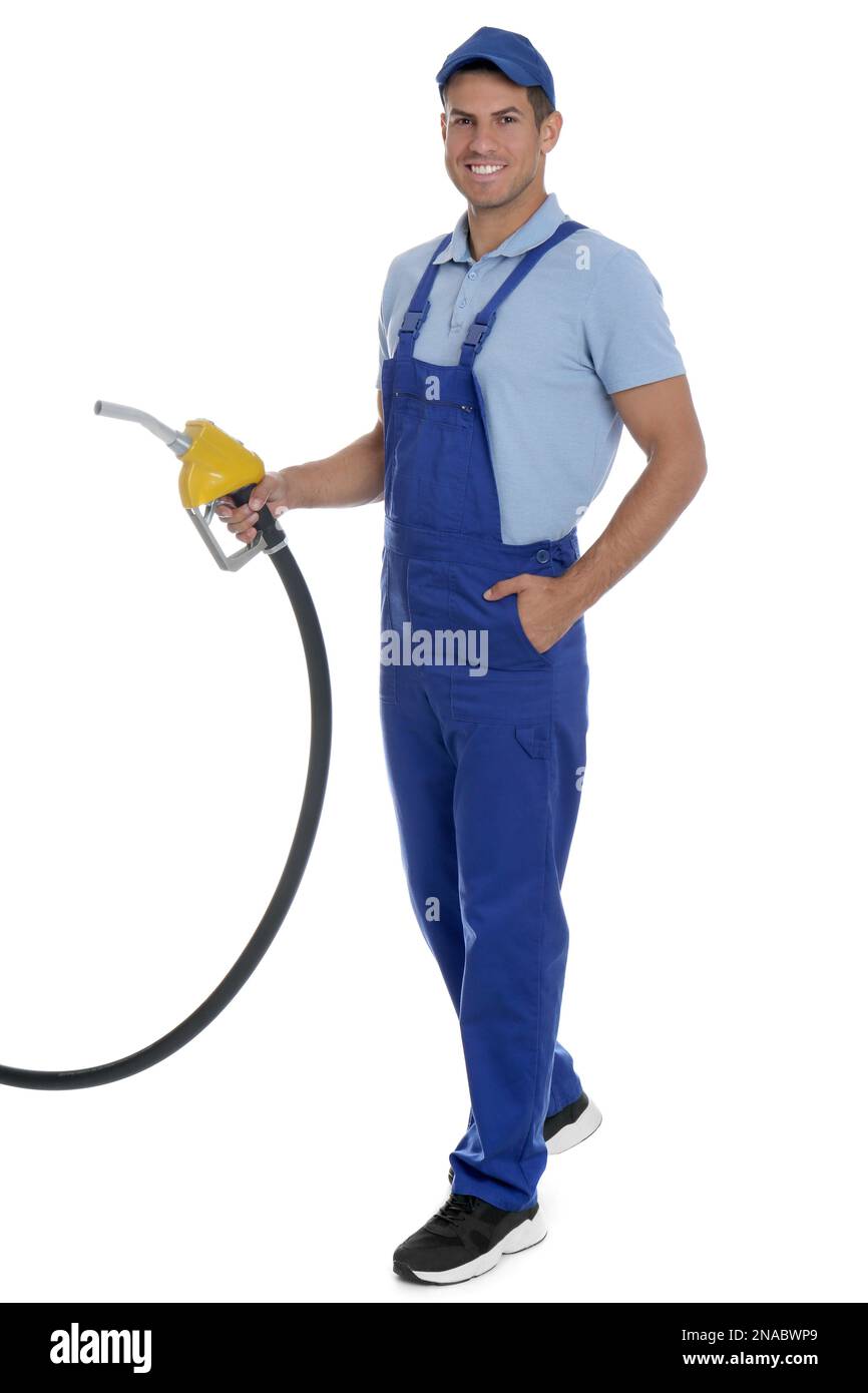 Gas station worker with fuel nozzle on white background Stock Photo - Alamy