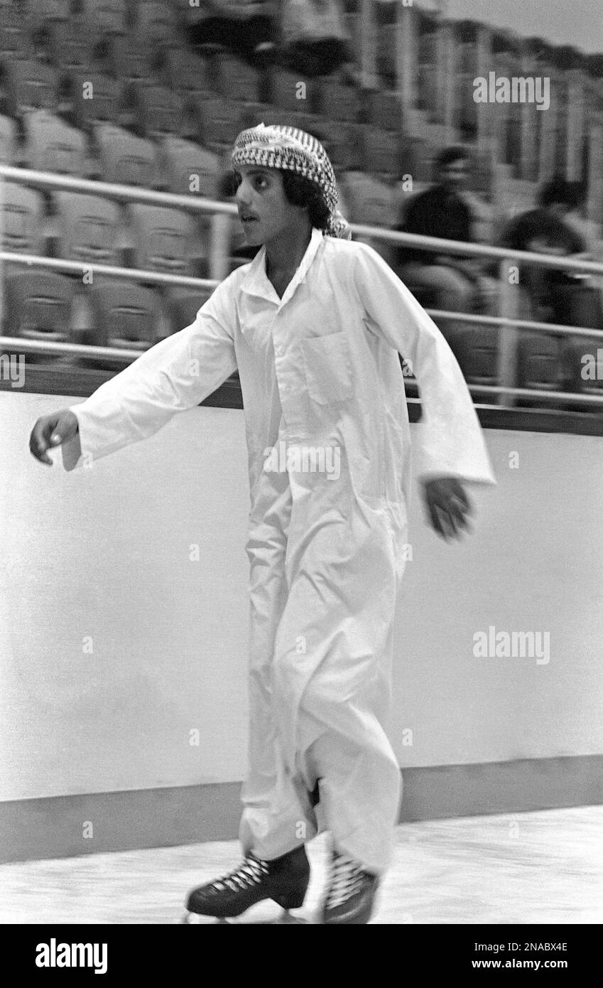 An Arab wearing traditional dish-dash on the ice at Leisureland's rink ...