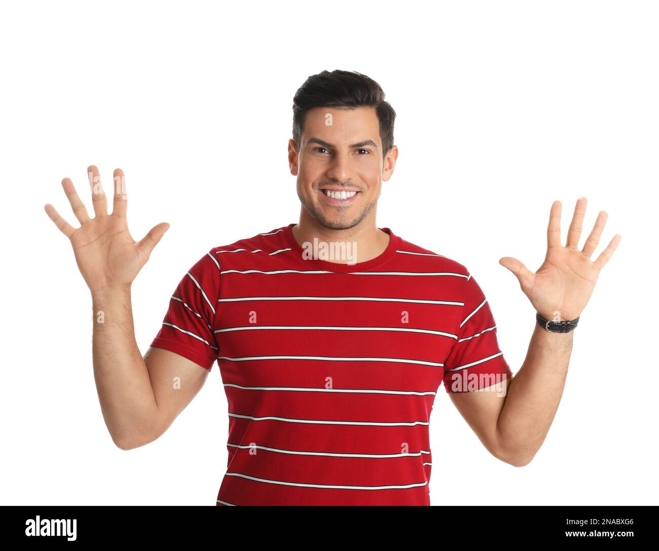 Man showing number ten with his hands on white background Stock Photo ...