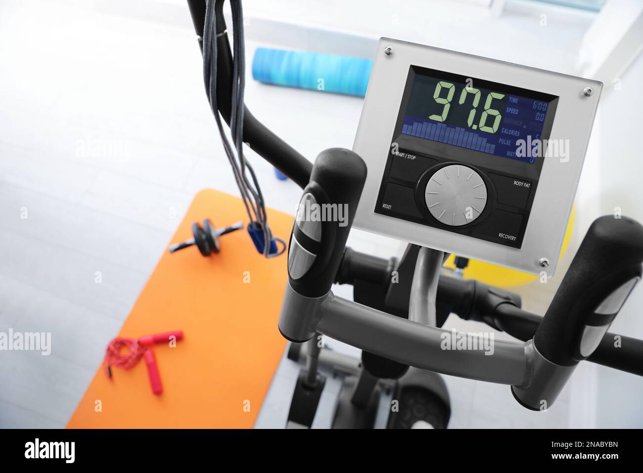 Control panel of modern elliptical machine cross trainer indoors Stock ...