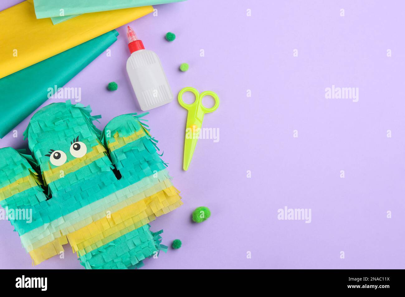 Flat lay composition with cardboard cactus on violet background, space ...