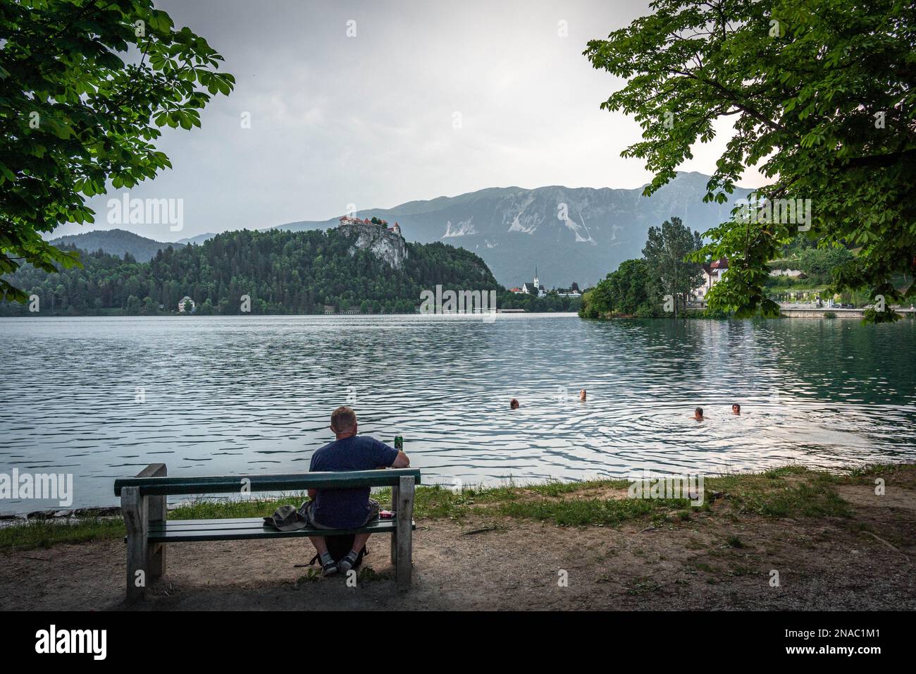 Rear view of alone relaxed man sitting on a bench beside an Bled lake ...