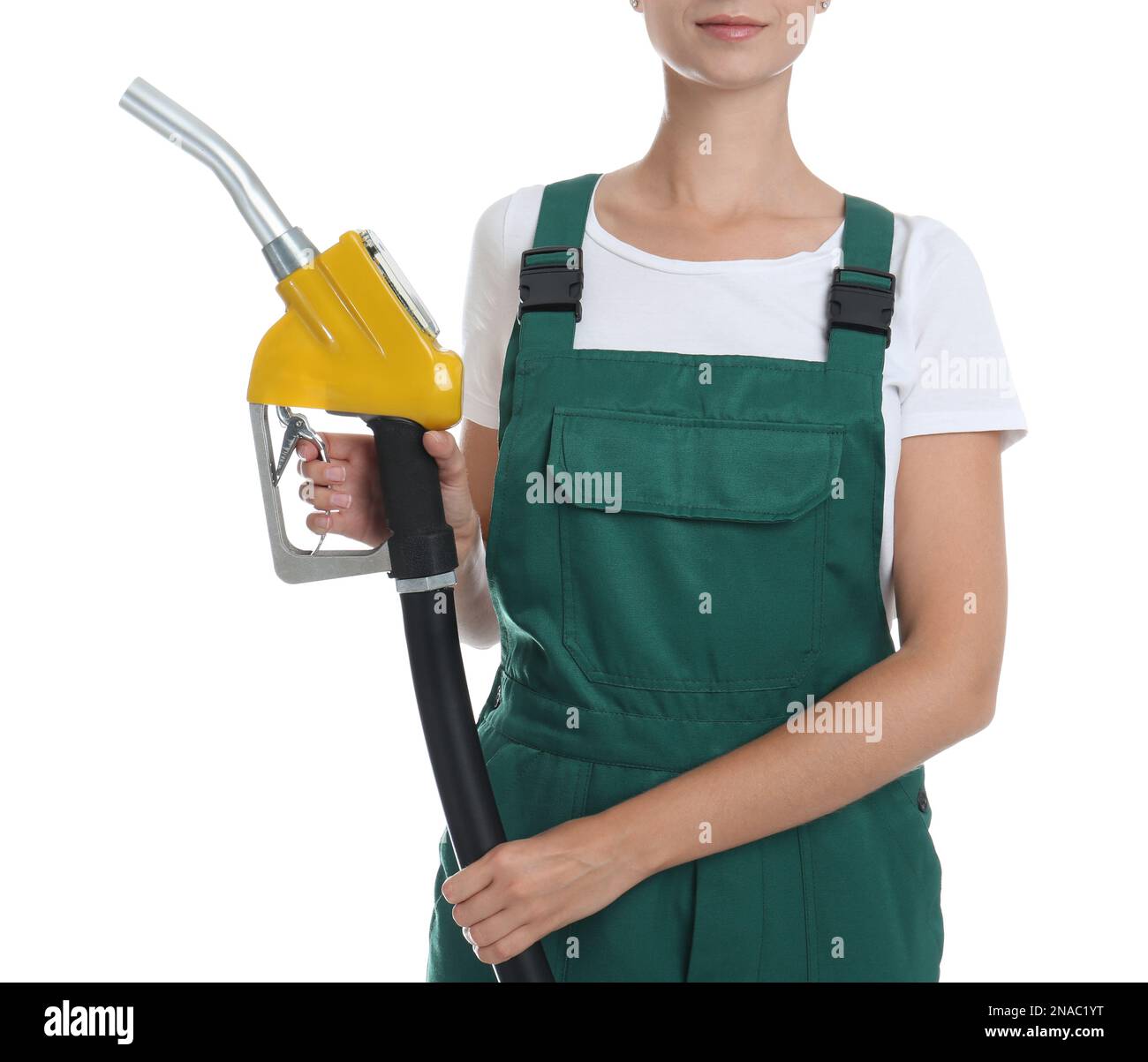 Gas station worker with fuel nozzle on white background, closeup Stock ...