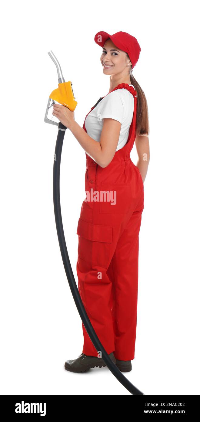 Gas station worker with fuel nozzle on white background Stock Photo - Alamy
