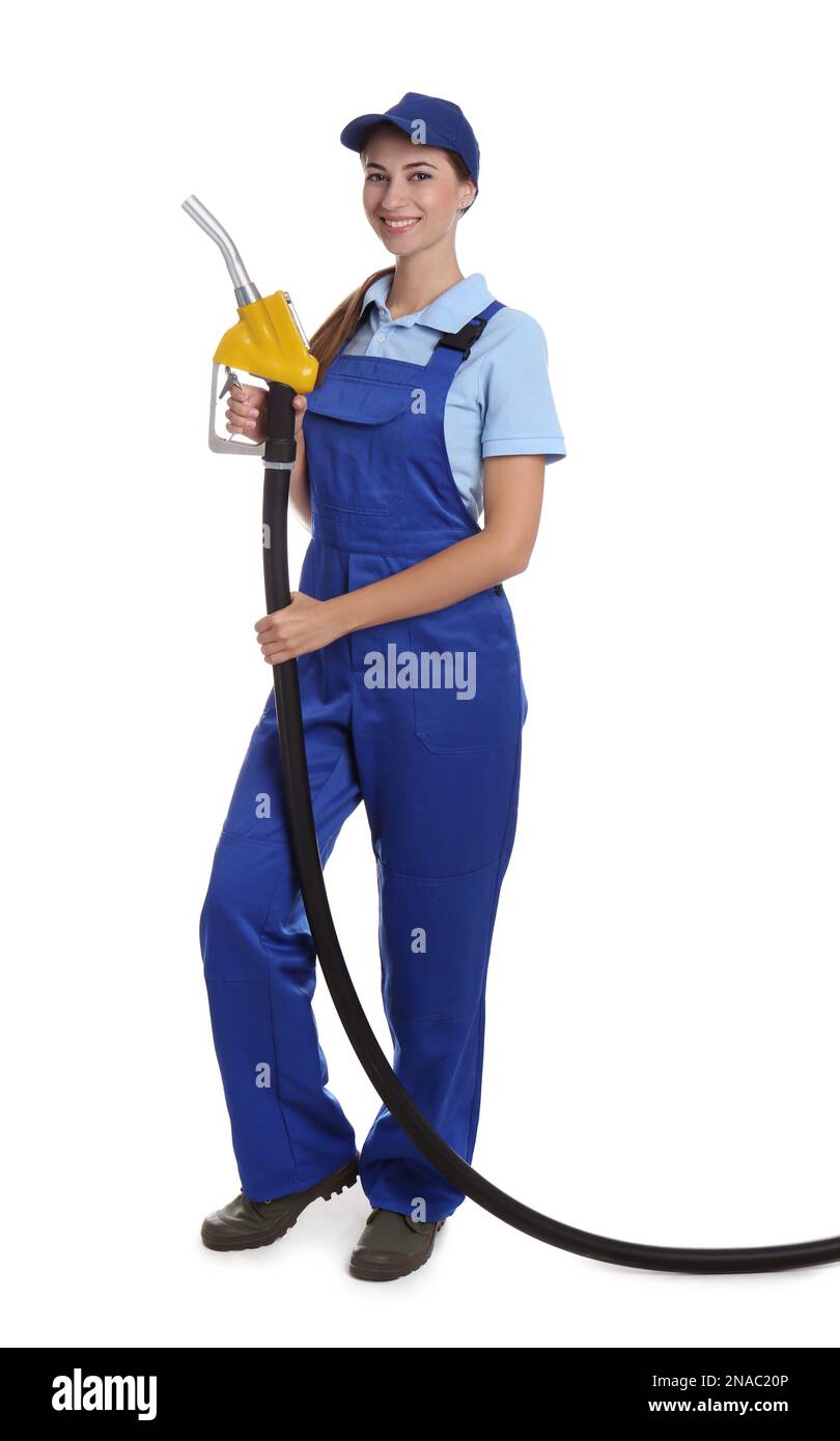 Gas station worker with fuel nozzle on white background Stock Photo - Alamy