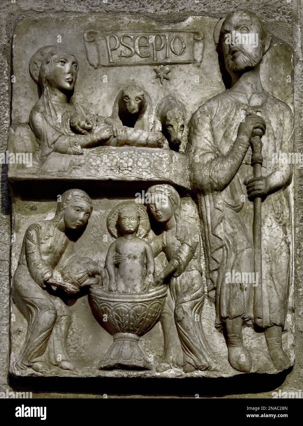 Plaque depicting the nativity stone carving hi-res stock photography ...