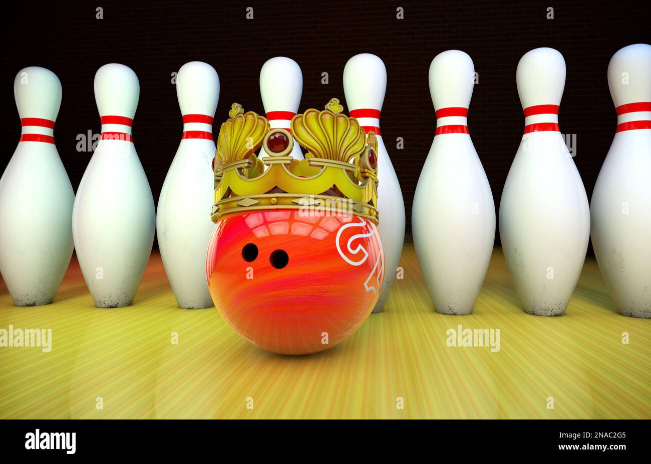 A row of bowling pins and a red bowling ball in a golden crown 3D ...