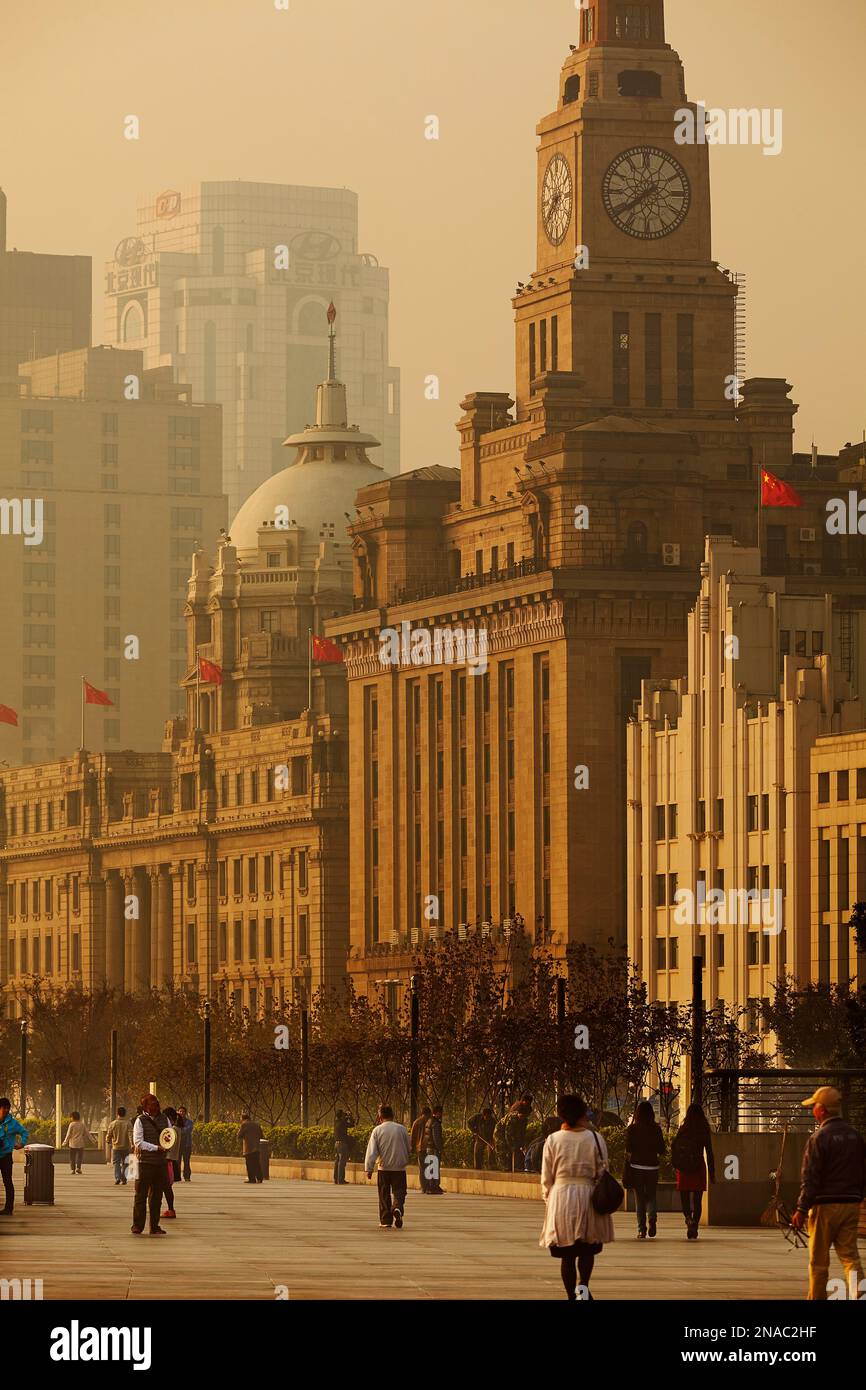A view of The Bund in early morning sunlight, the historical district ...
