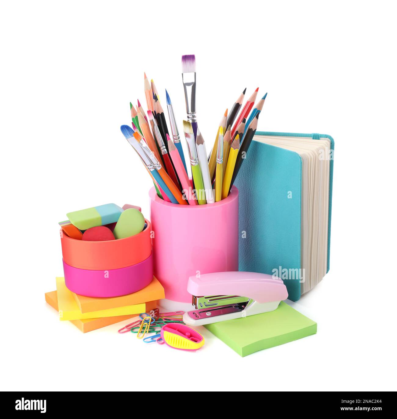 Set of colorful school stationery on white background Stock Photo - Alamy