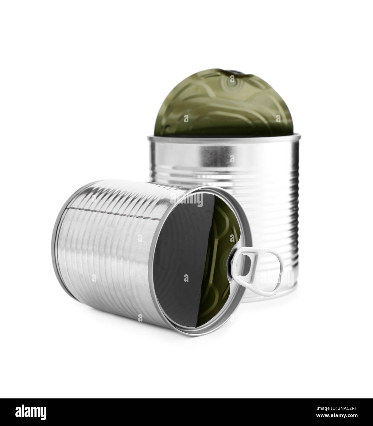Open tin cans of food on white background Stock Photo - Alamy