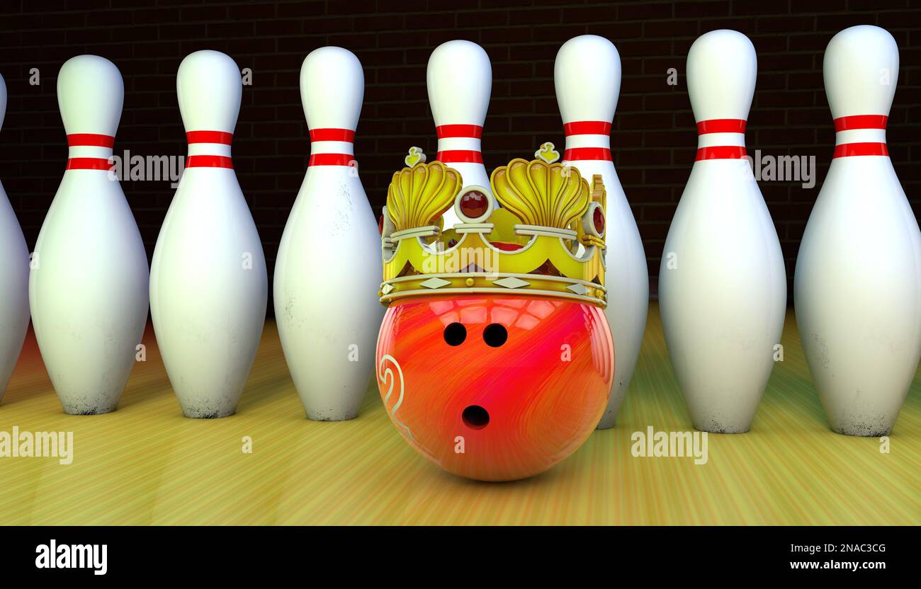 A row of bowling pins and a red bowling ball in a golden crown 3D ...