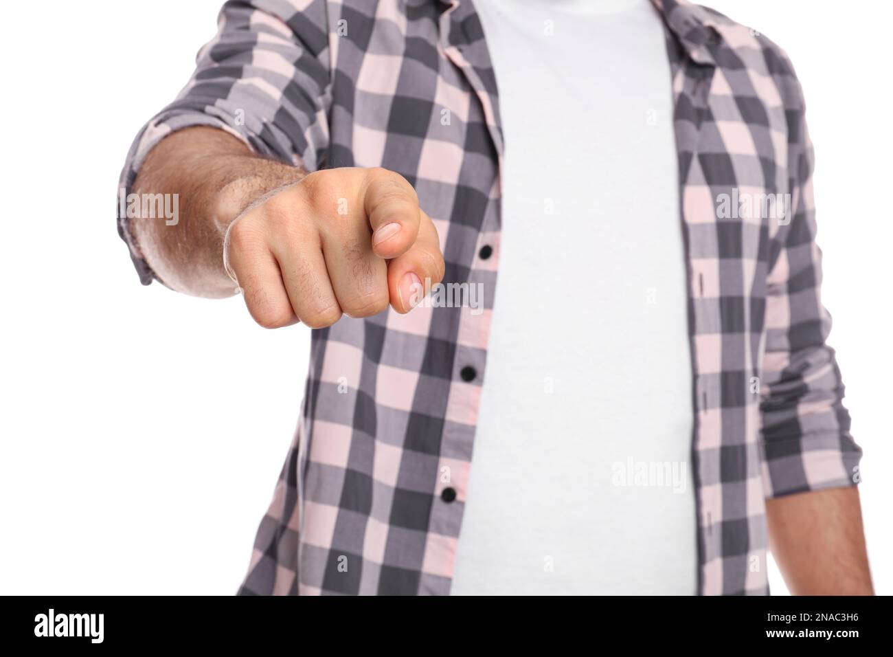 Man touching something on white background, closeup. Finger gesture ...