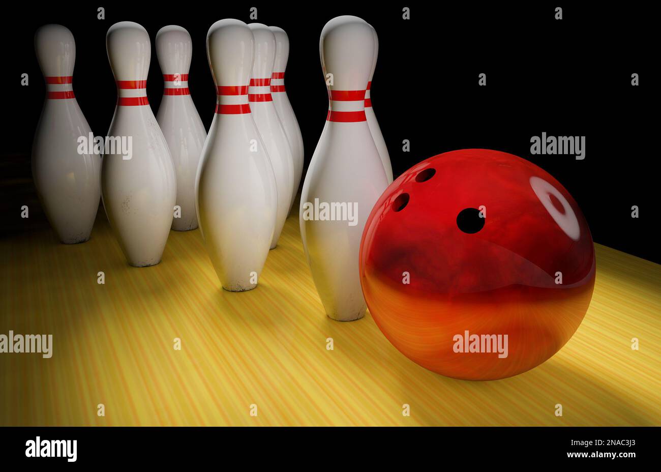 A group of bowling pins stands near a bowling ball on a lane 3D render ...