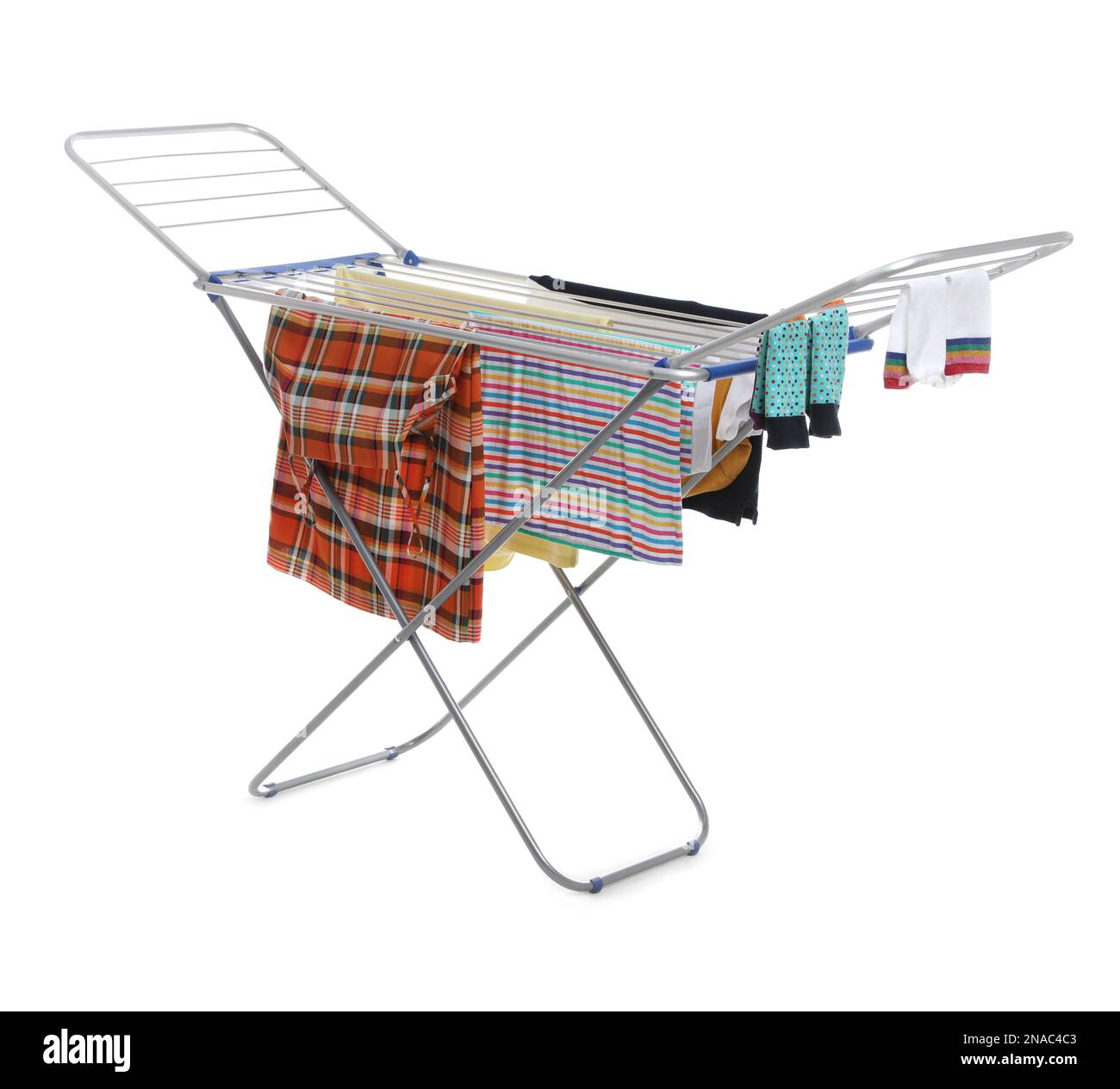 Modern drying rack with clothes on white background Stock Photo - Alamy