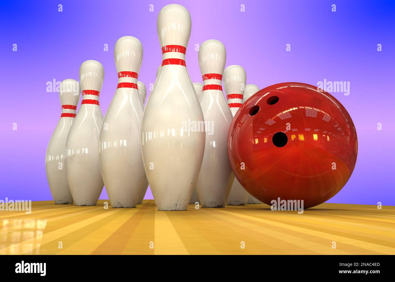 A group of bowling pins stands near a bowling ball on a lane 3D render ...