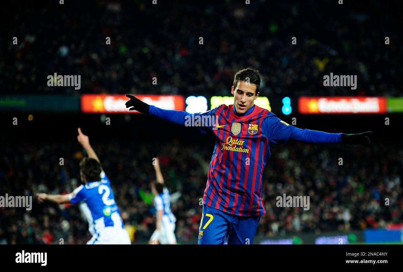 FC Barcelona's Cristian Tello celebrates after scoring a disallowed ...
