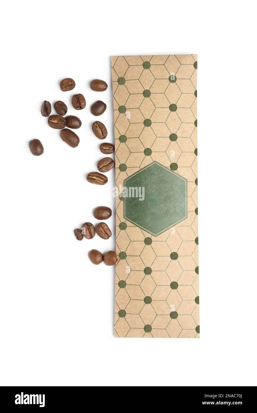 Scented sachet and coffee beans on white background, top view Stock ...