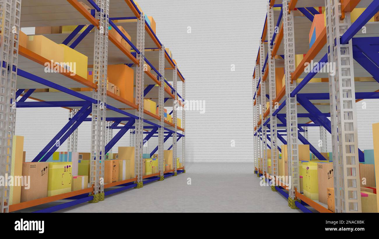 Warehouse with iron racks and boxes on them. 3d render Stock Photo - Alamy