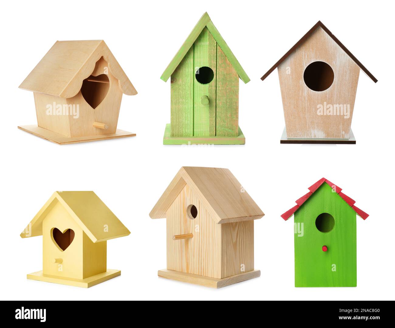 Set with different beautiful bird houses on white background Stock ...