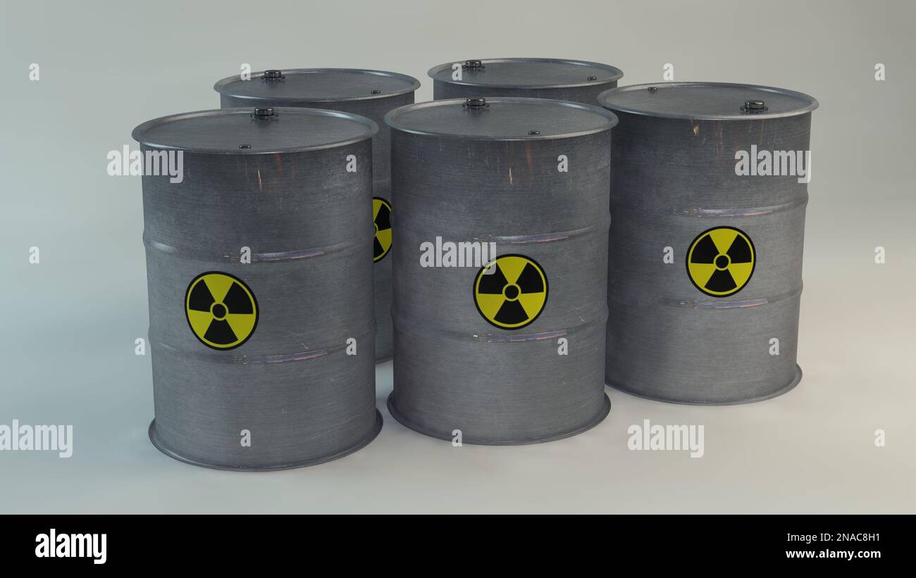 gray iron barrels with a radiation hazard sign on a white background 3D ...