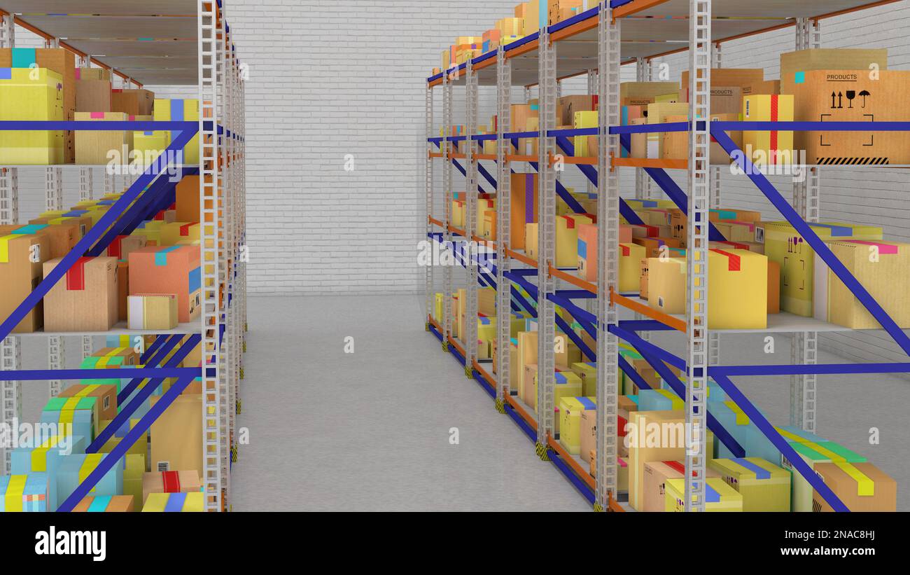 Warehouse with iron racks and boxes on them. 3d render Stock Photo - Alamy
