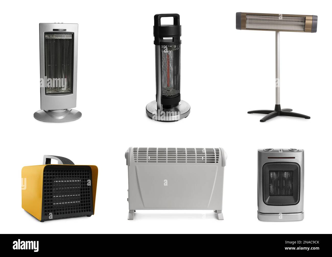 Different modern electric heaters on white background, collage Stock ...