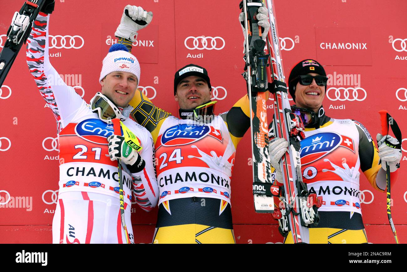 Canada's Jan Hudec, center, winner of an alpine ski, men's World Cup ...