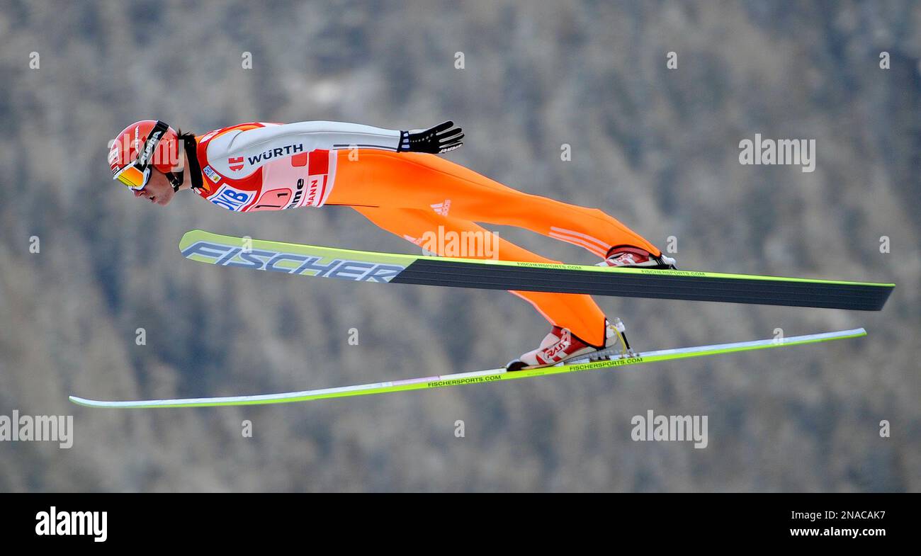 Germany's Johannes Rydzek is airborne during the ski jumping phase of a ...