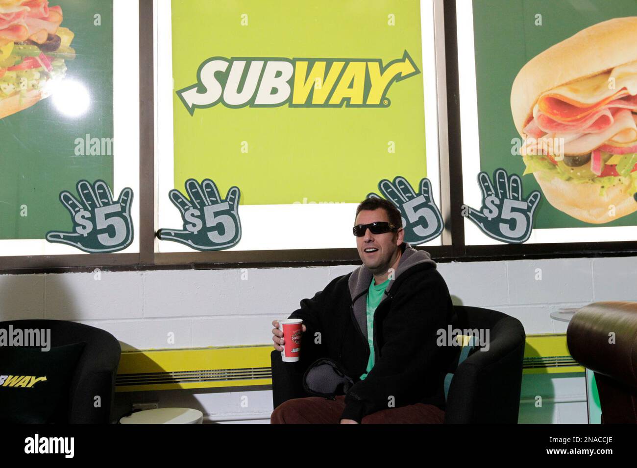 Actor Adam Sandler relaxes in the Subway Fresh Take Green Room before ...