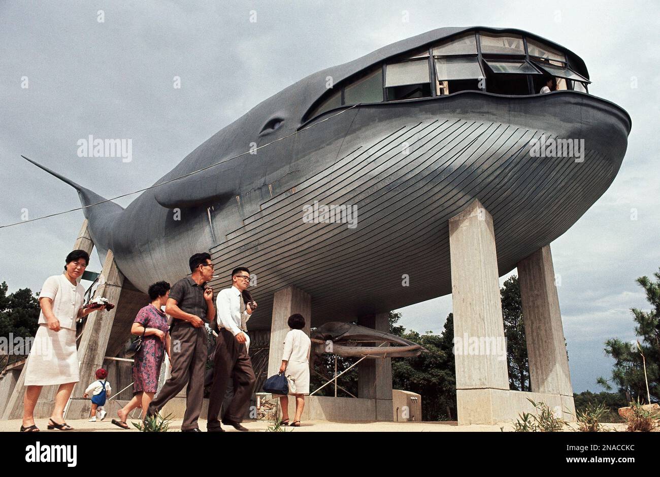 The whale-shaped pavilion at Shimonoseki Aquarium is shown in Japan ...
