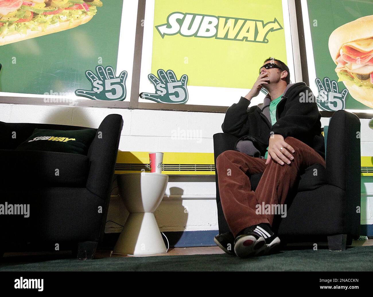Actor Adam Sandler relaxes in the Subway Fresh Take Green Room before ...