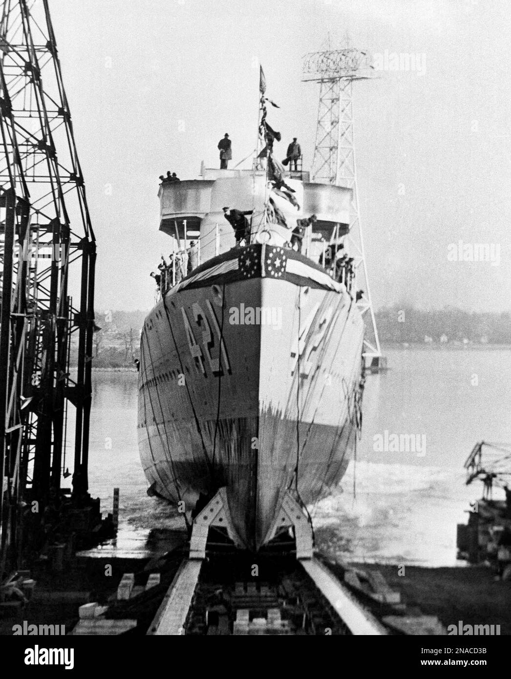 Tthe new U.S. Navy destroyer USS Benson is shown as it slides down the ...