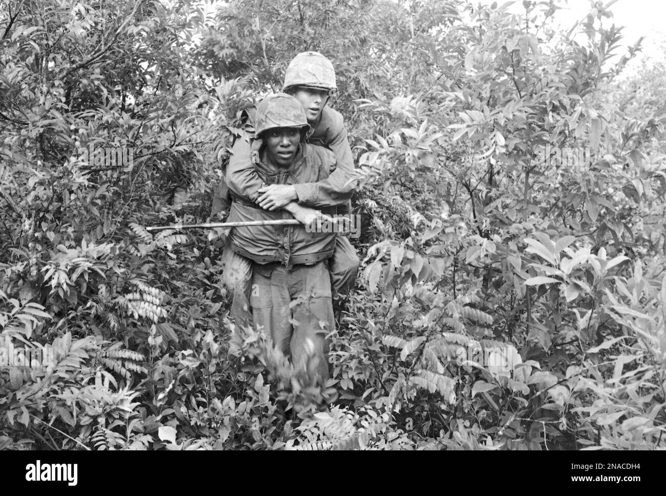 A wounded U.S. Marine is carried by navy corpsman Bob Peeples of ...