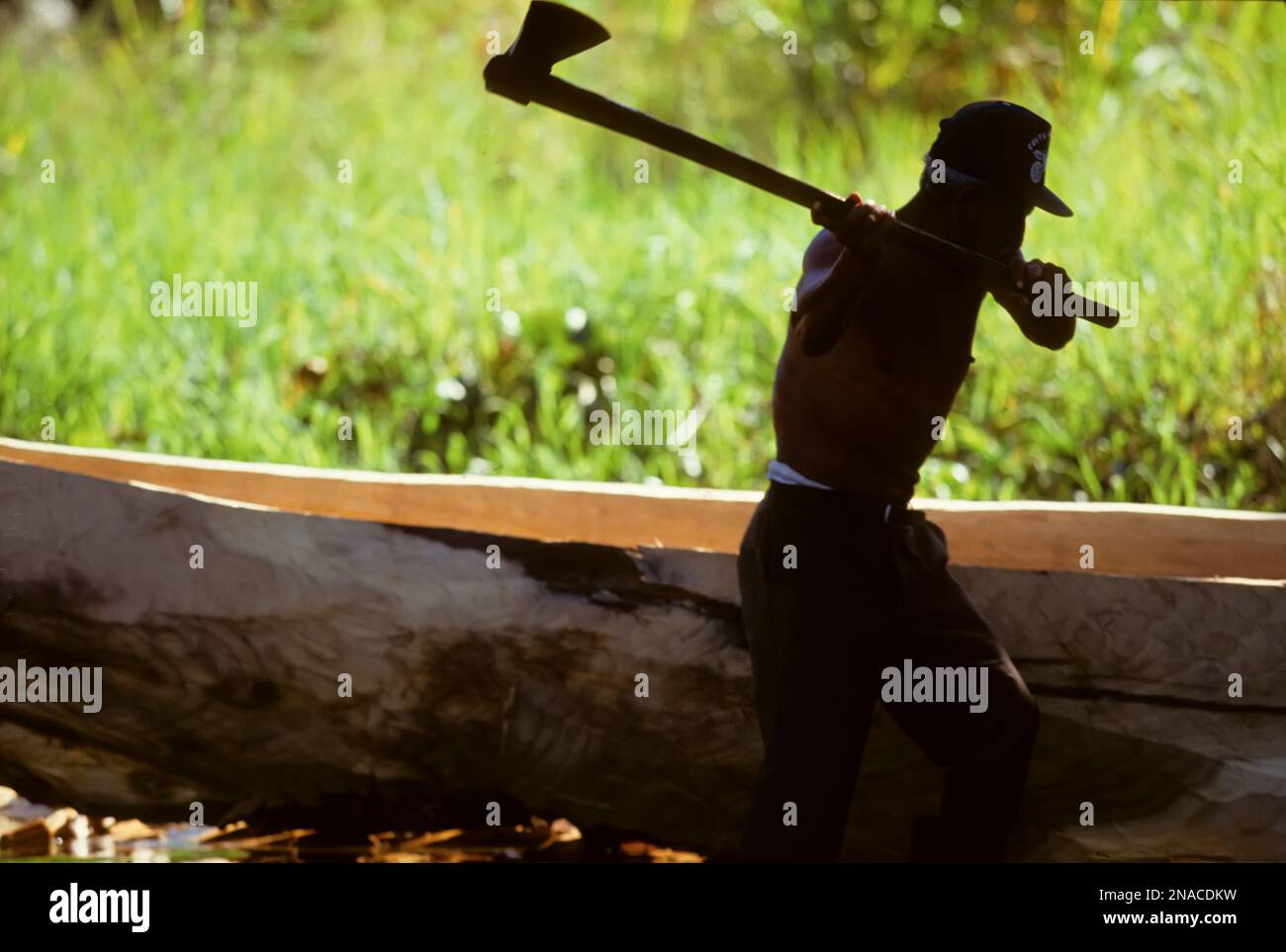 A man builds a dugout canoe using an axe.; Parismina, Costa Rica Stock ...