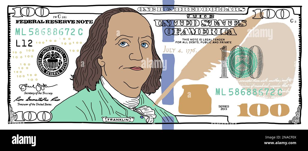 Cartoon hand drawn colorized 100 dollar banknote for design purpose ...