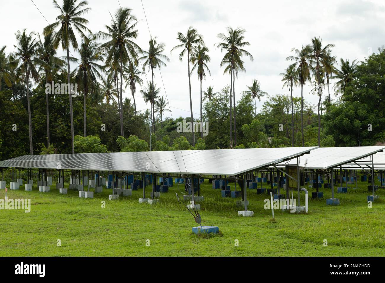 Solar power plant energy panels on tropical island Gili Air, Indonesia ...