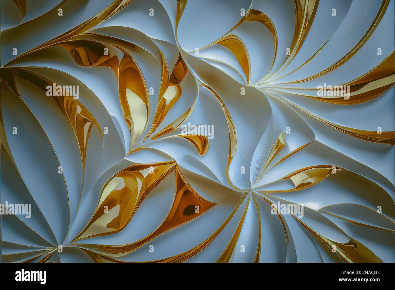 Abstract parametric drawings and geometries in gold with white shapes ...